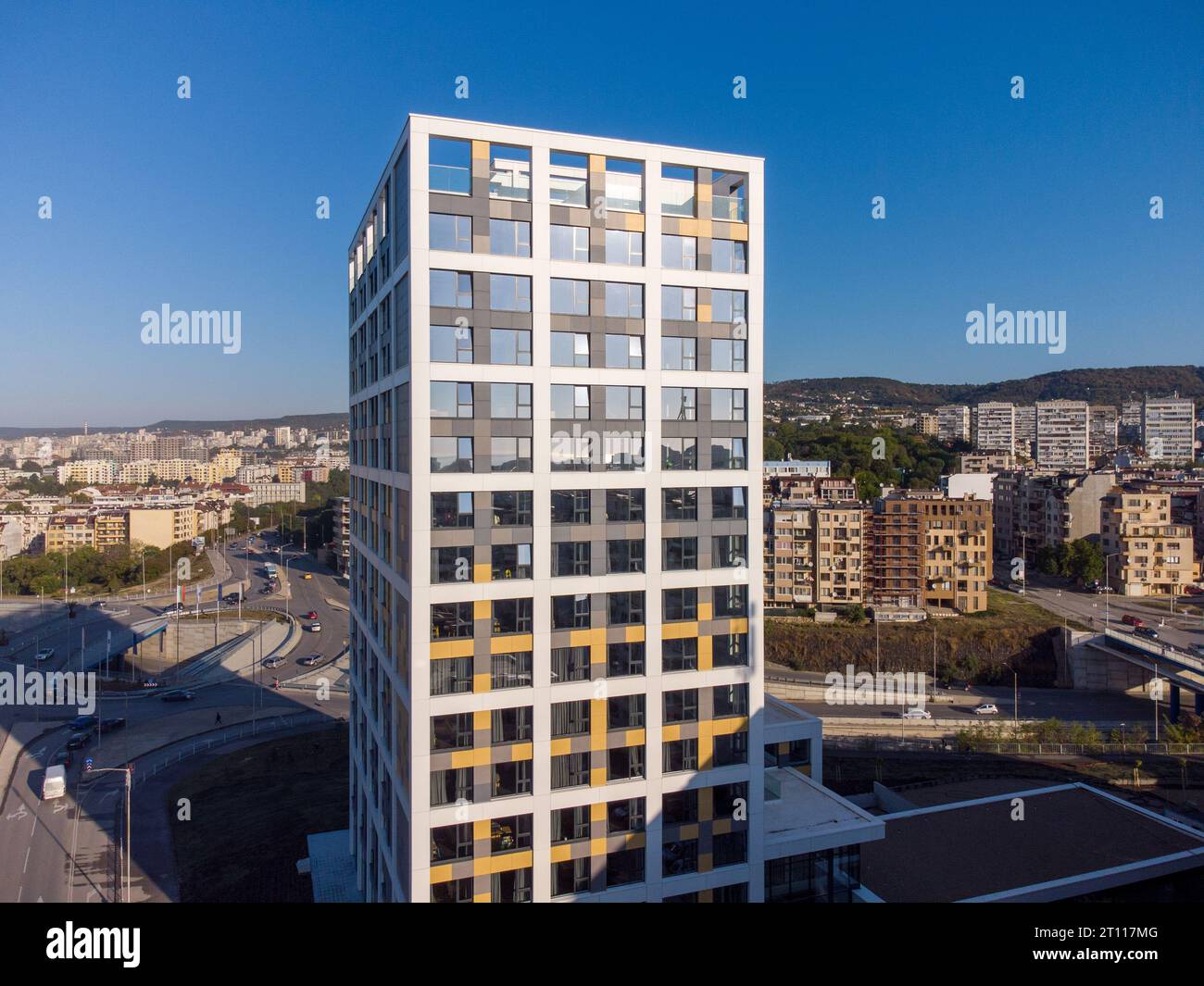Facade of modern office or residential building drone view Stock Photo ...
