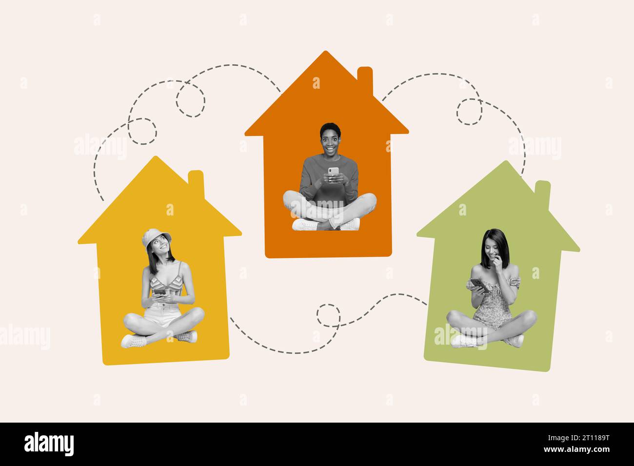 Creative collage illustration of three young girls communicating together remote chatting remote ...