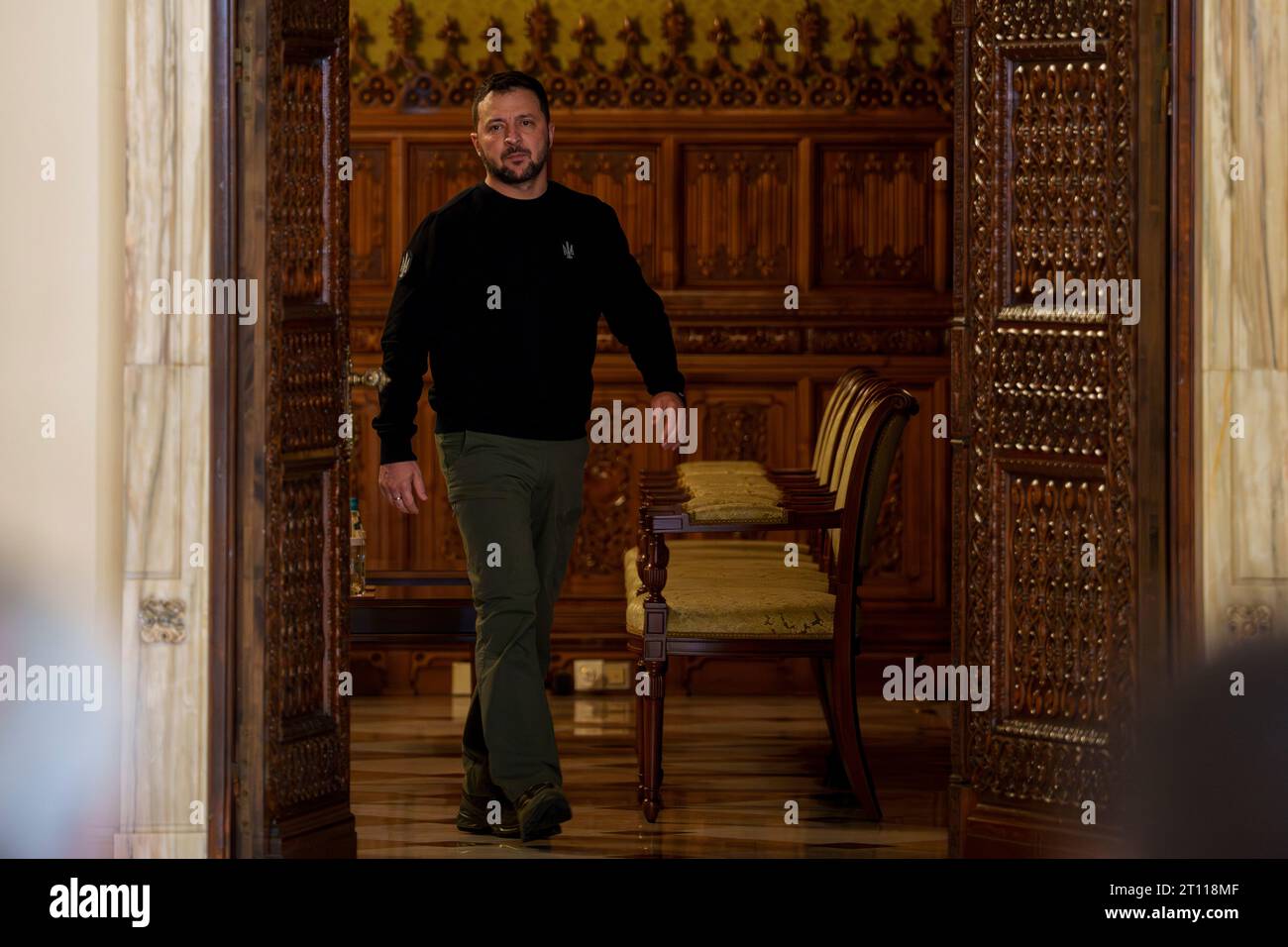 Ukraine's President Volodymyr Zelenskyy arrives before press statements ...