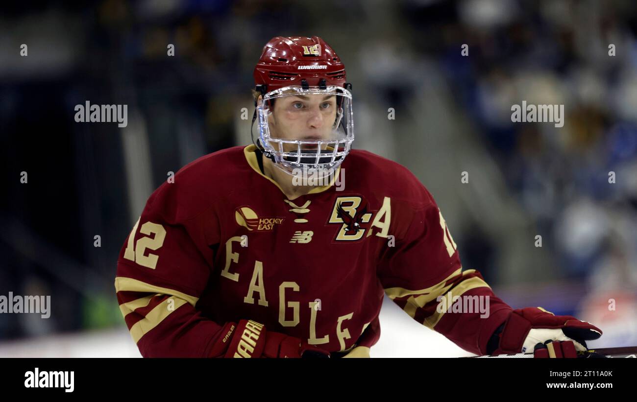 Boston College forward Mike Posma (12) skates during the second period ...