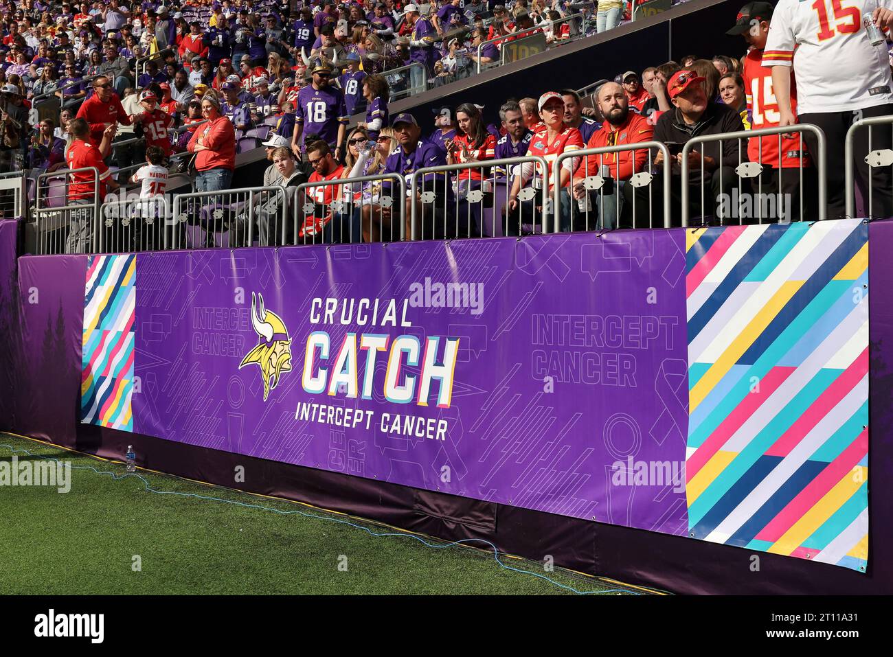 A Crucial Catch sign is shown at U.S. Bank Stadium during an NFL ...