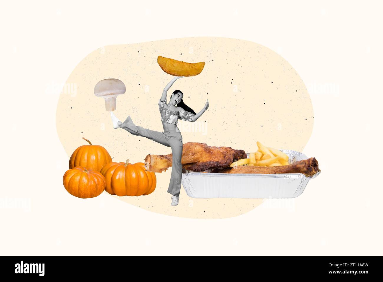 Artwork picture collage of cheerful joyful girl dancing eating tasty ...