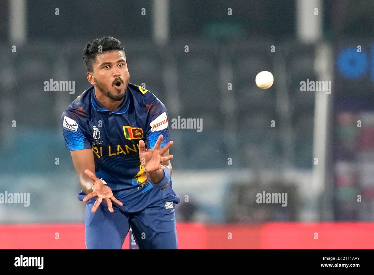 Sri Lanka's Dilshan Madushanka filed a ball during the ICC Cricket ...
