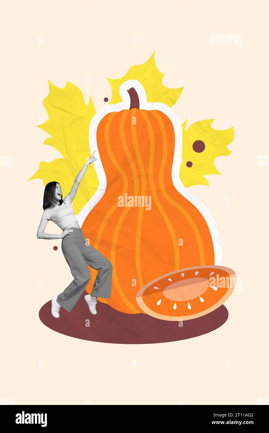 Vertical image collage postcard of happy cheerful girl celebrating ...