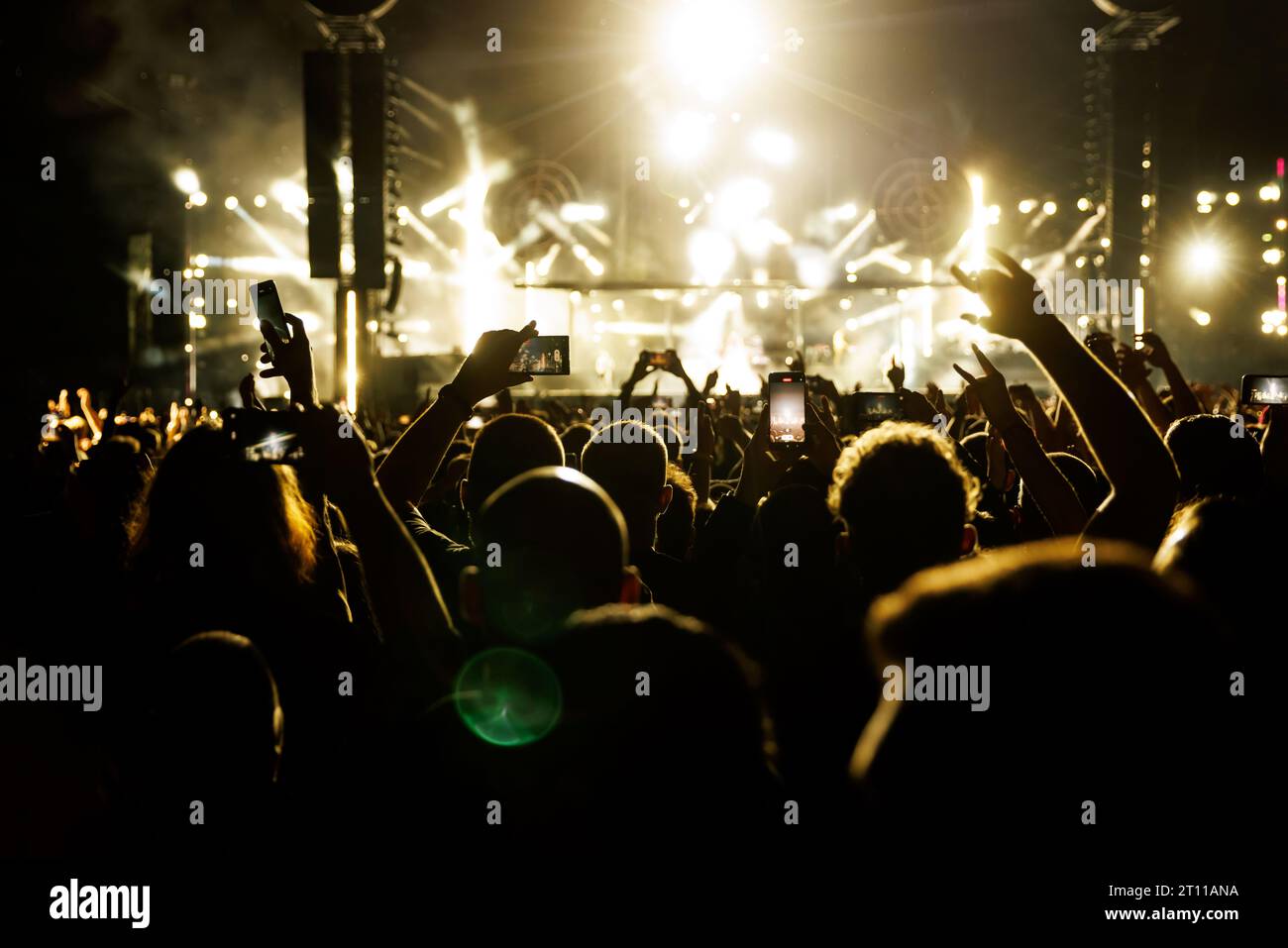 Happy people crowd with raised hands on a dance floor during a concert ...