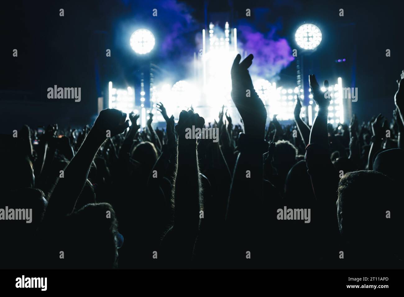 Happy people crowd with raised hands on a dance floor during a concert ...