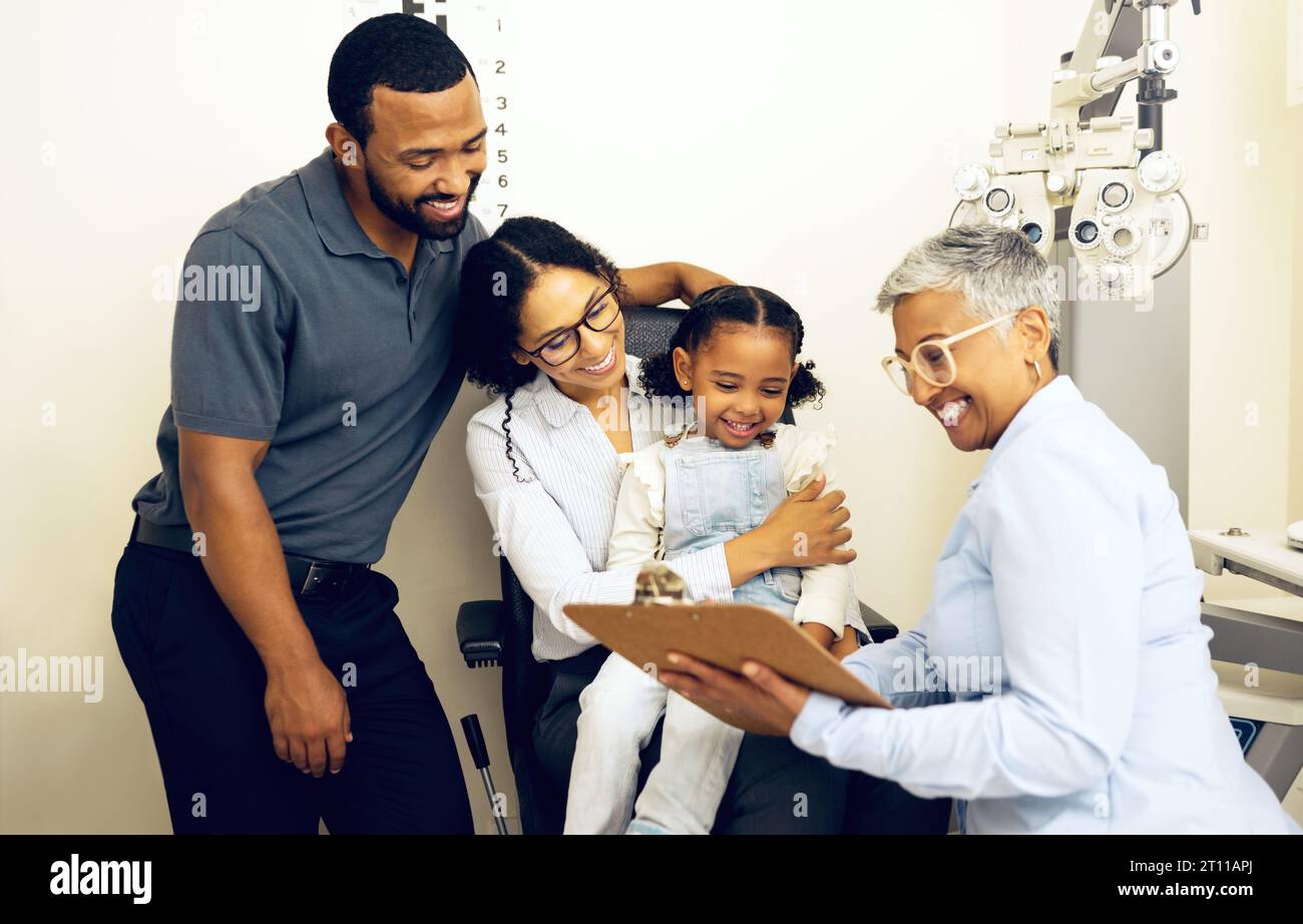 Family, optometry and eye care with a woman doctor in a clinic to see a ...