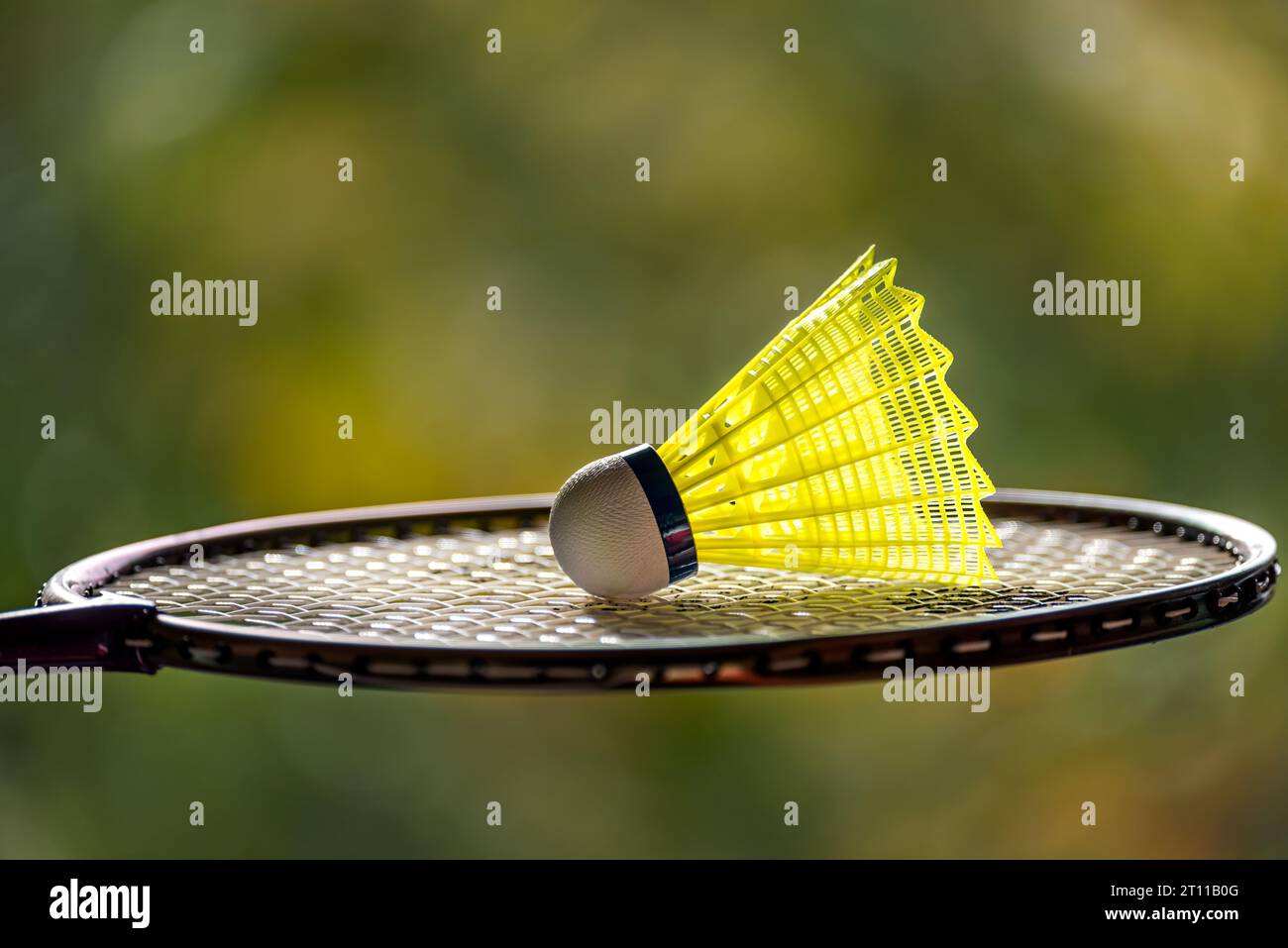 Bright yellow badminton shuttlecock and racket with natural light ...