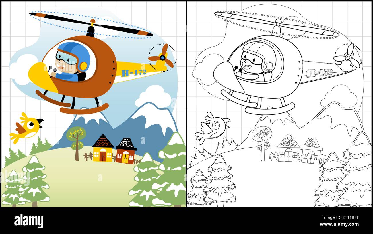 Coloring book of little boy driving helicopter on landscape background ...