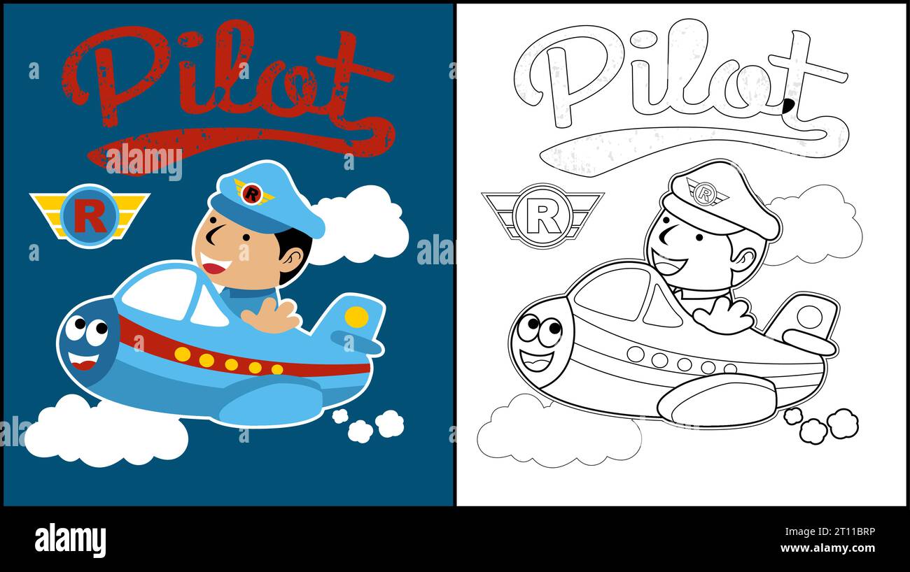 Coloring book of little pilot cartoon driving funny plane Stock Vector ...