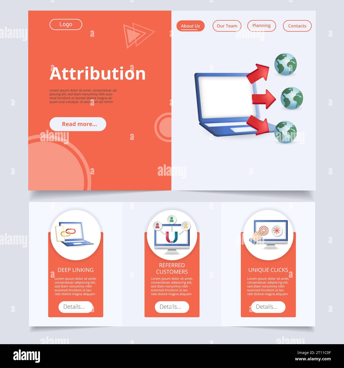 Attribution flat landing page website template. Deep linking, reffered ...