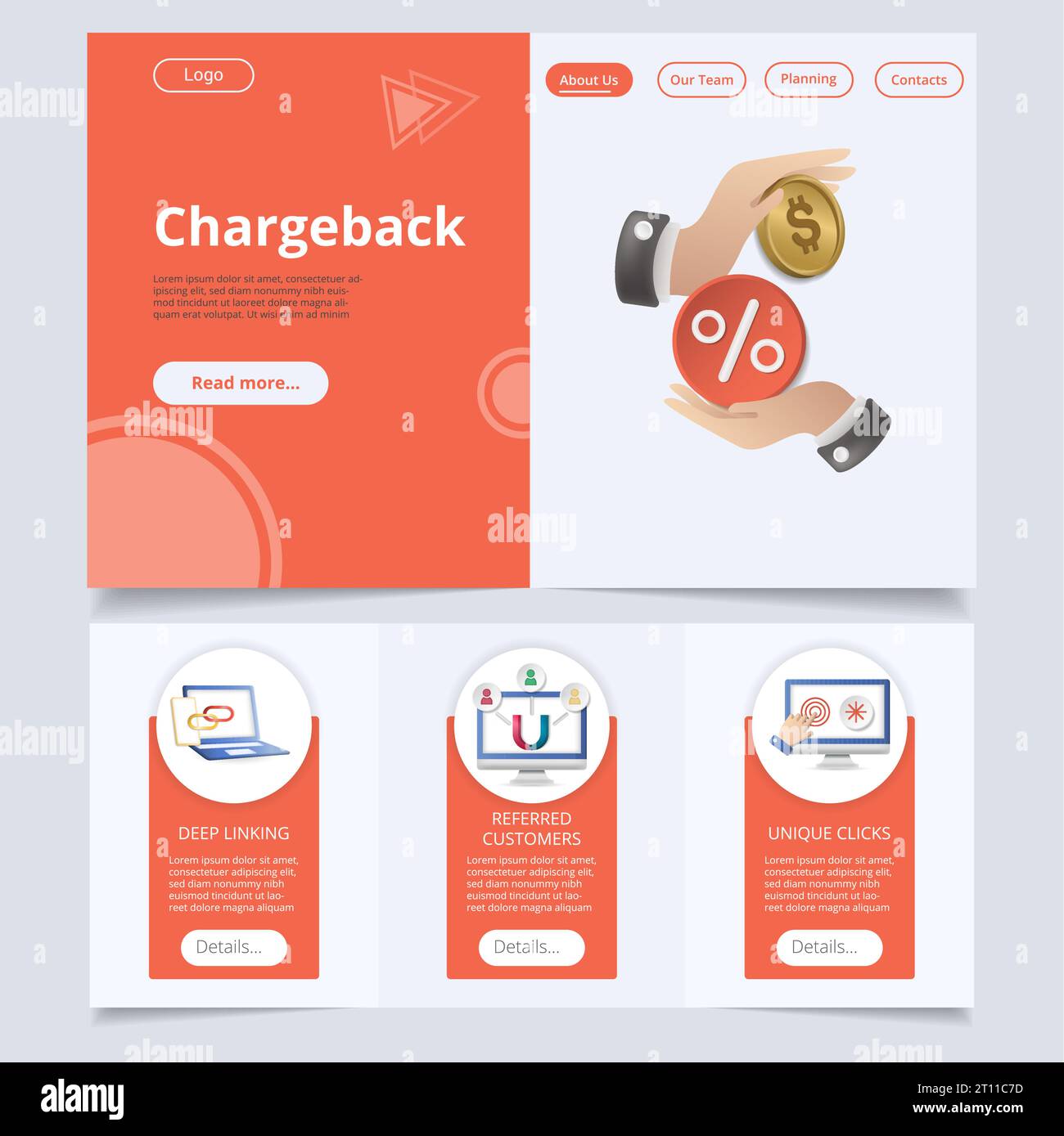 Chargeback flat landing page website template. Deep linking, reffered ...