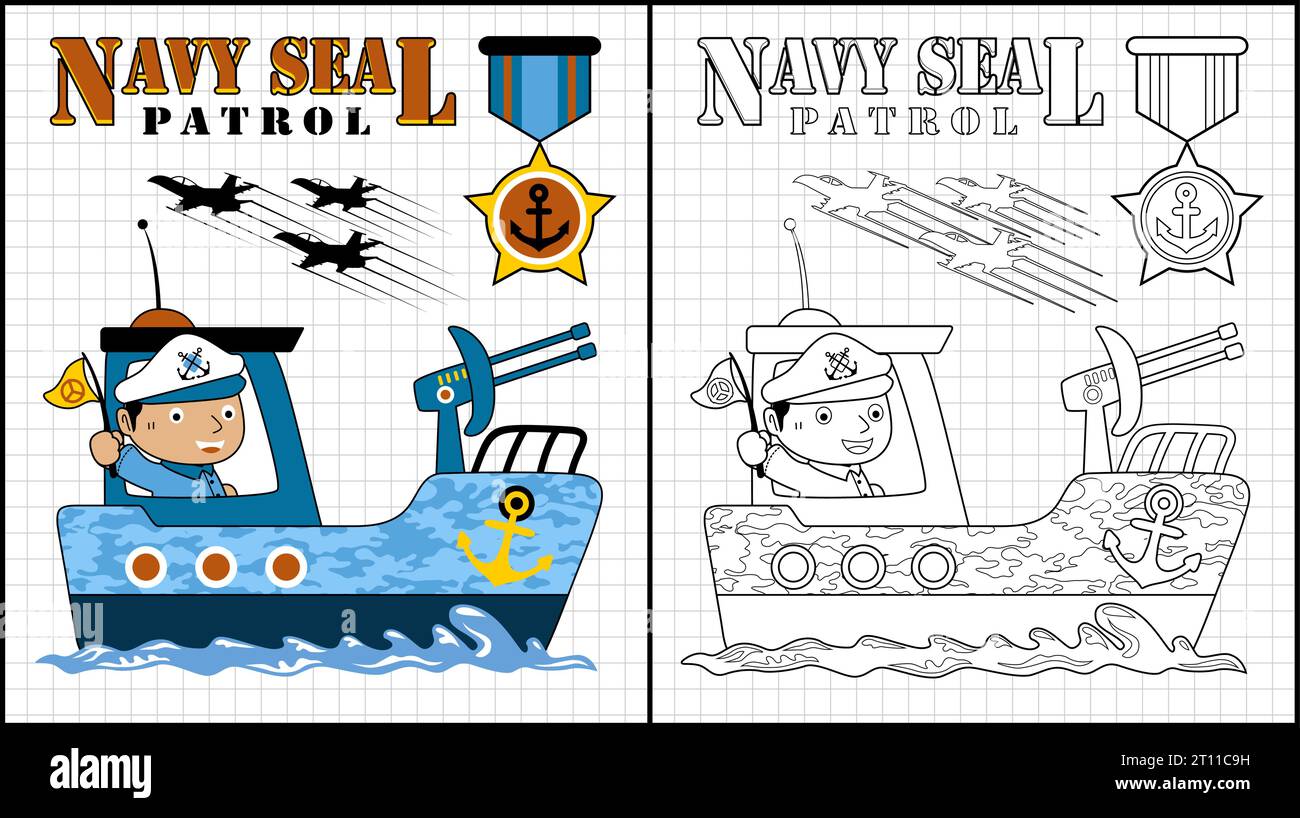 Coloring book of gunboat cartoon with a soldier Stock Vector Image ...
