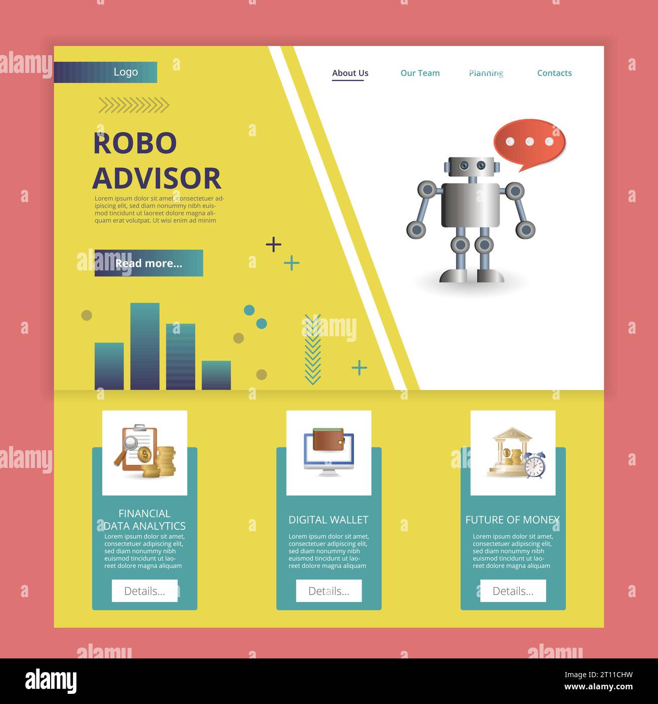 Robo advisor flat landing page website template. Financial data analytics, digital wallet ...