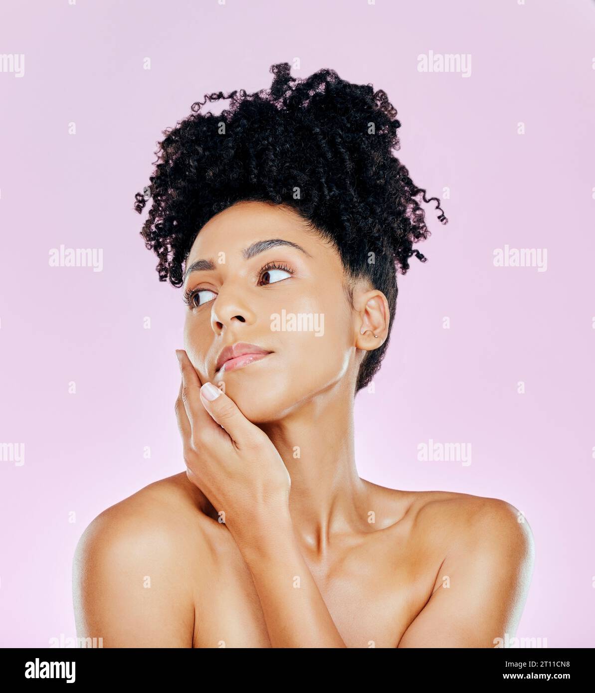 Thinking, beauty and woman with natural cosmetic aesthetic isolated in ...