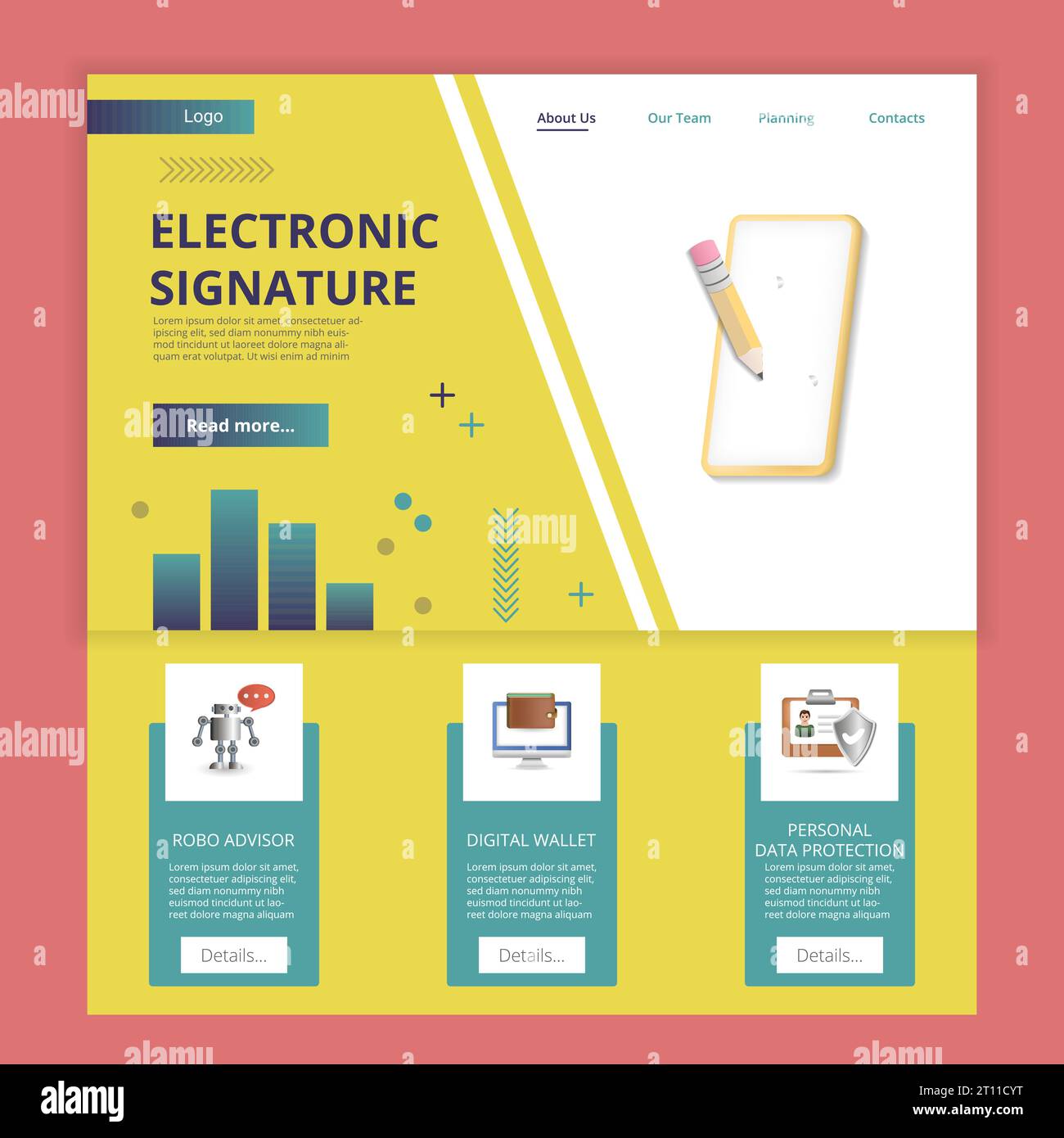 Electronic signature flat landing page website template. Robo advisor ...