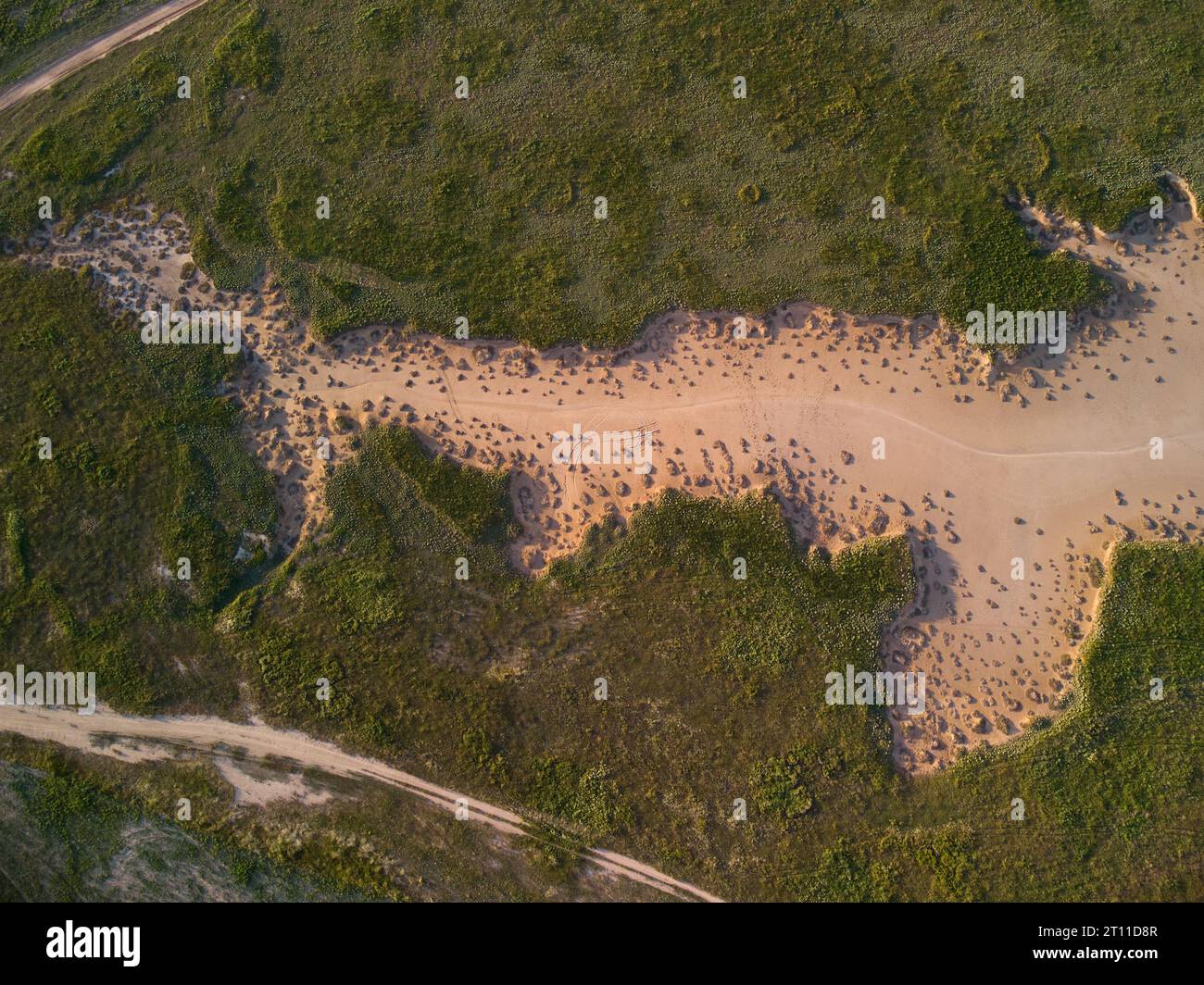 aerial top view of green grass around a sandy ravine formed by rain ...