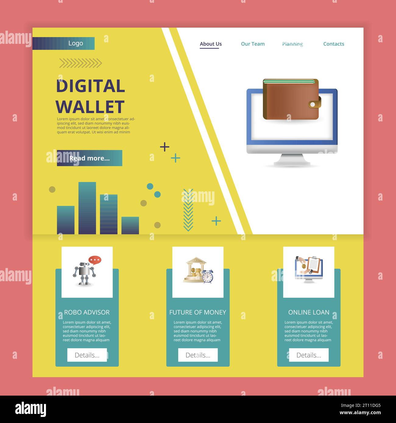 Digital wallet flat landing page website template. Robo advisor, future ...