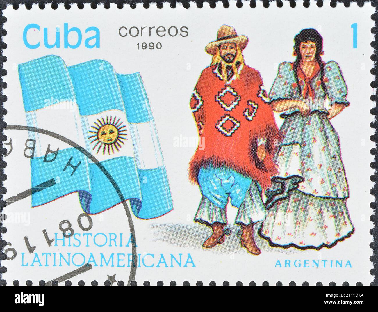 Cancelled postage stamp printed by Cuba, that shows Flag and folk ...