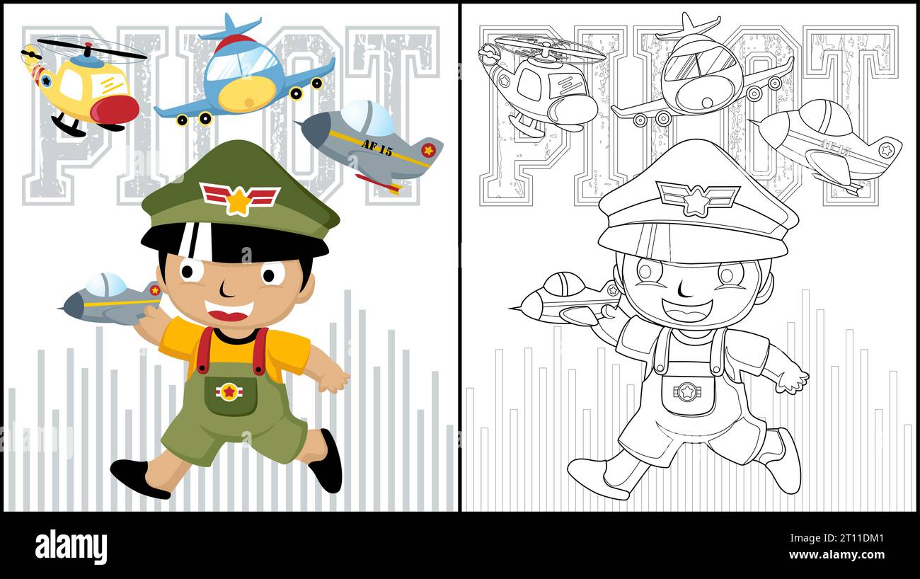 coloring book of little boy cartoon in pilot cap with aircraft toys ...