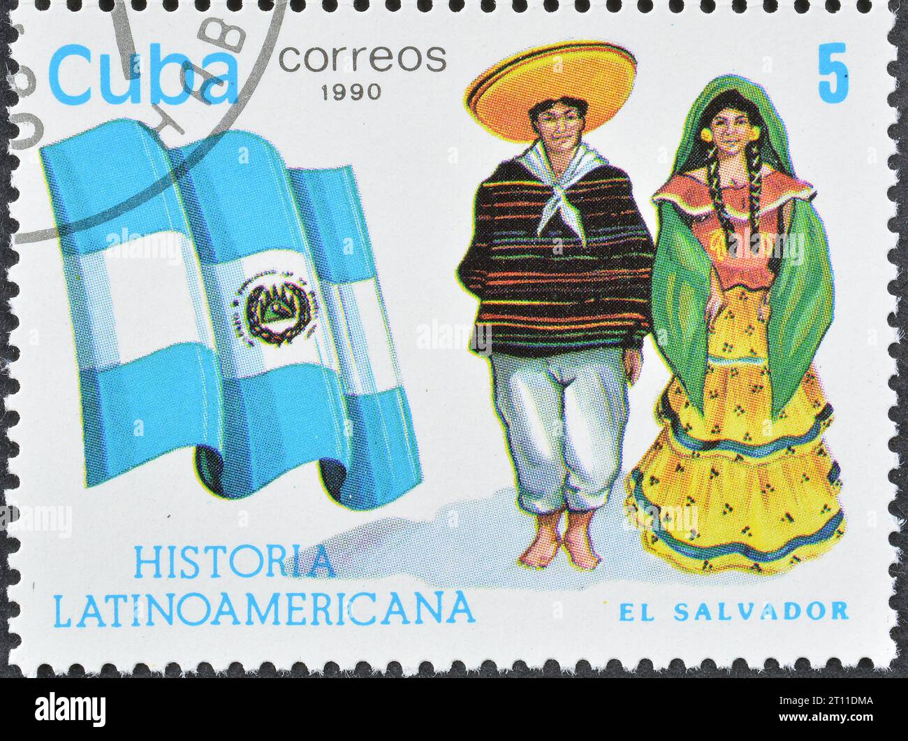 Cancelled postage stamp printed by Cuba, that shows Flag and folk costumes of El Salvador, Latin ...