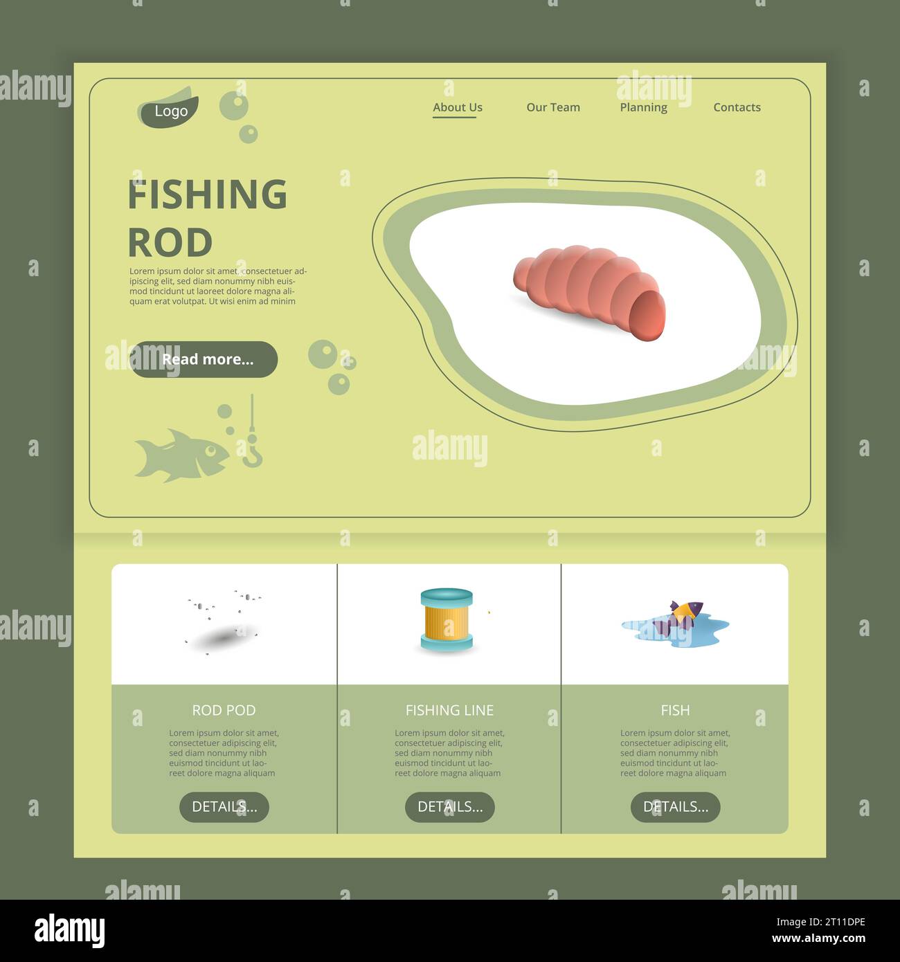 Maggots flat landing page website template. Rod pod, fishing line, fish ...