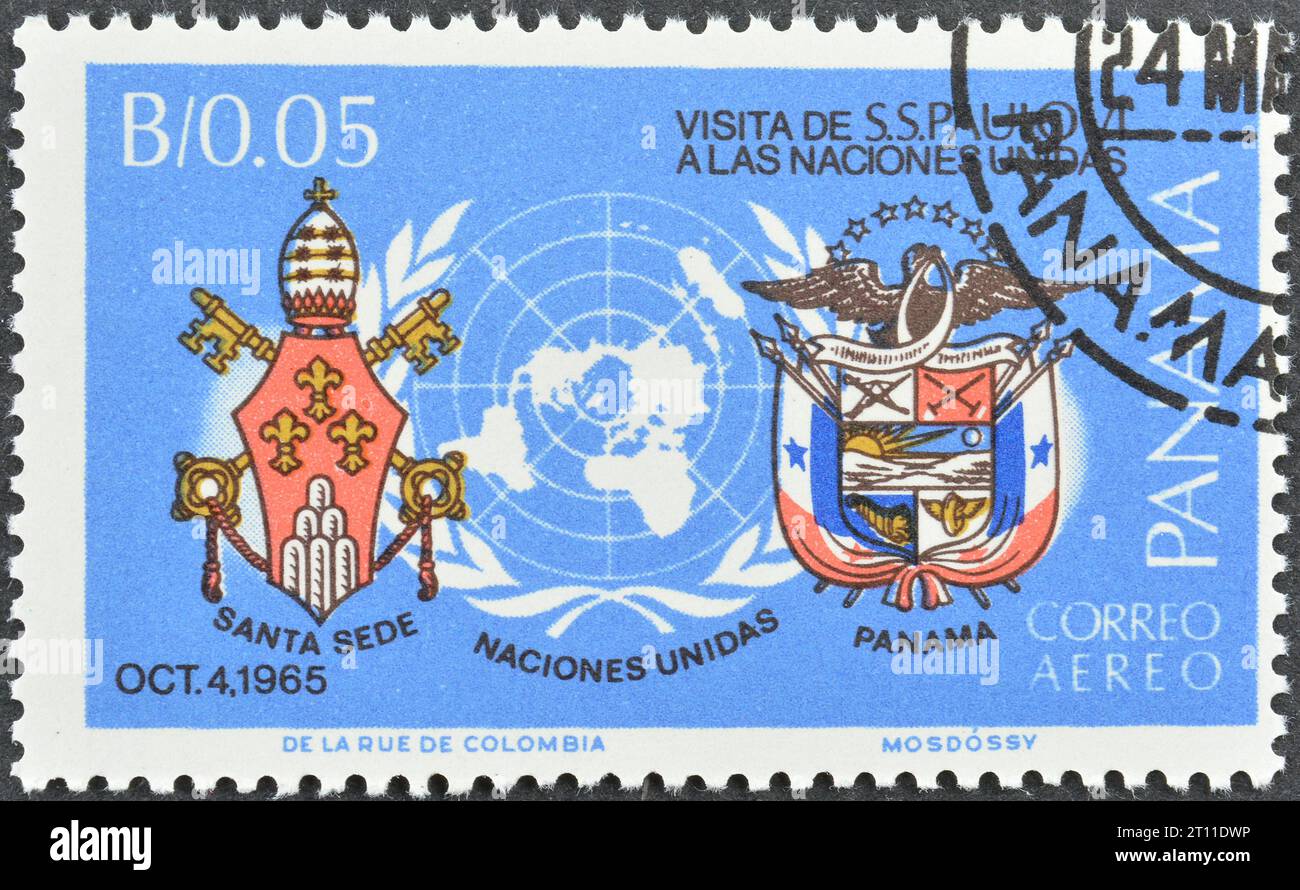 Cancelled postage stamp printed by Panama, that shows Coats of Arms of ...