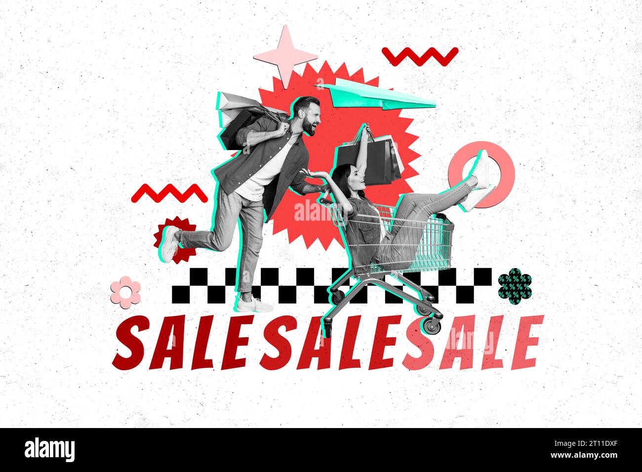 Collage poster of two happy people having fun riding trolley cart ...