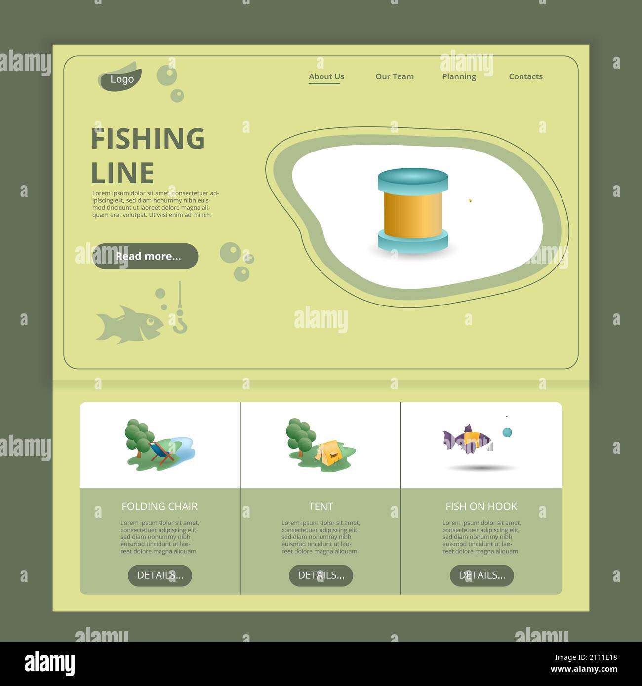 Fishing line flat landing page website template. Folding chair, tent ...