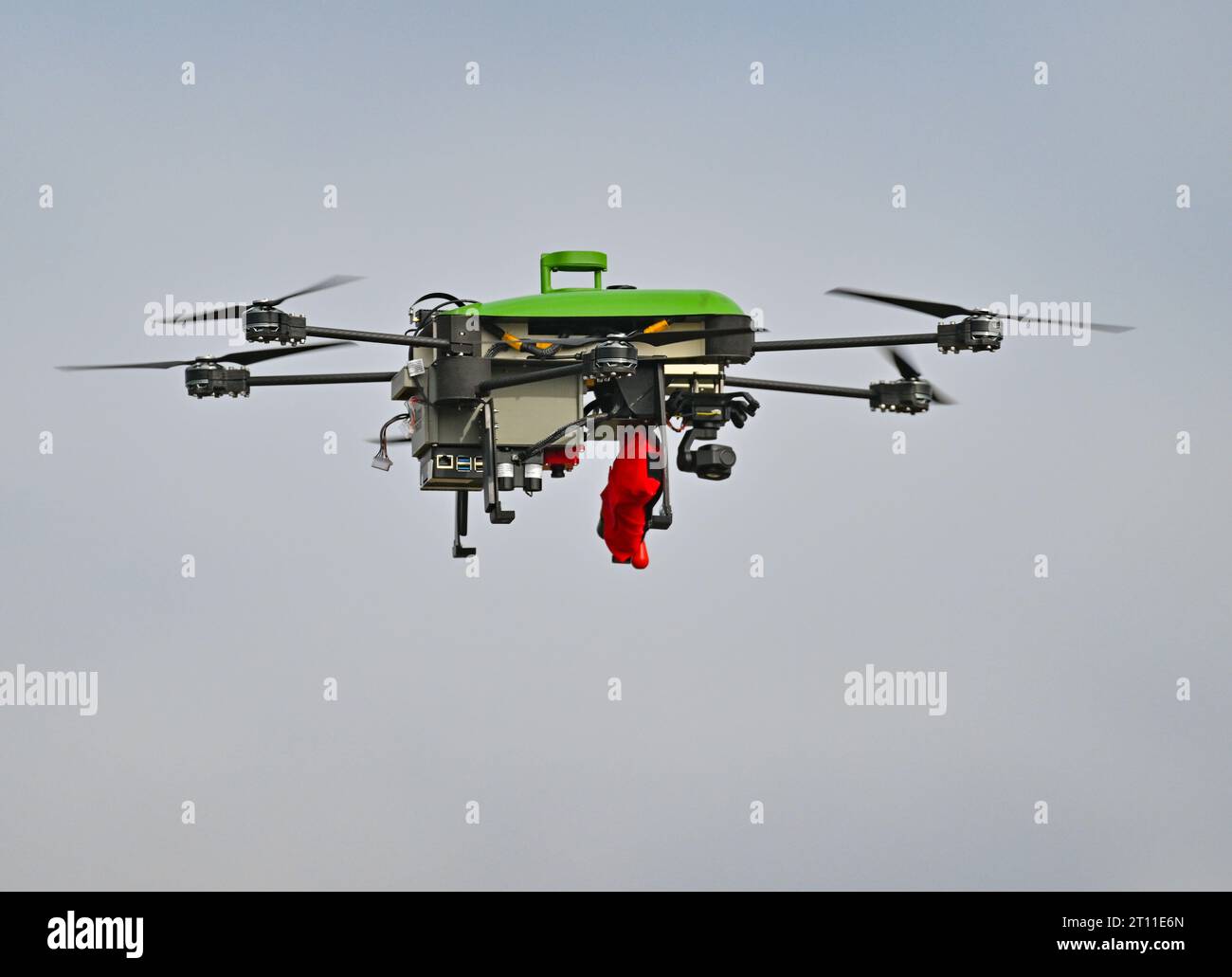 06 October 2023, Saxony, Elsterheide: A special rescue drone (a ...
