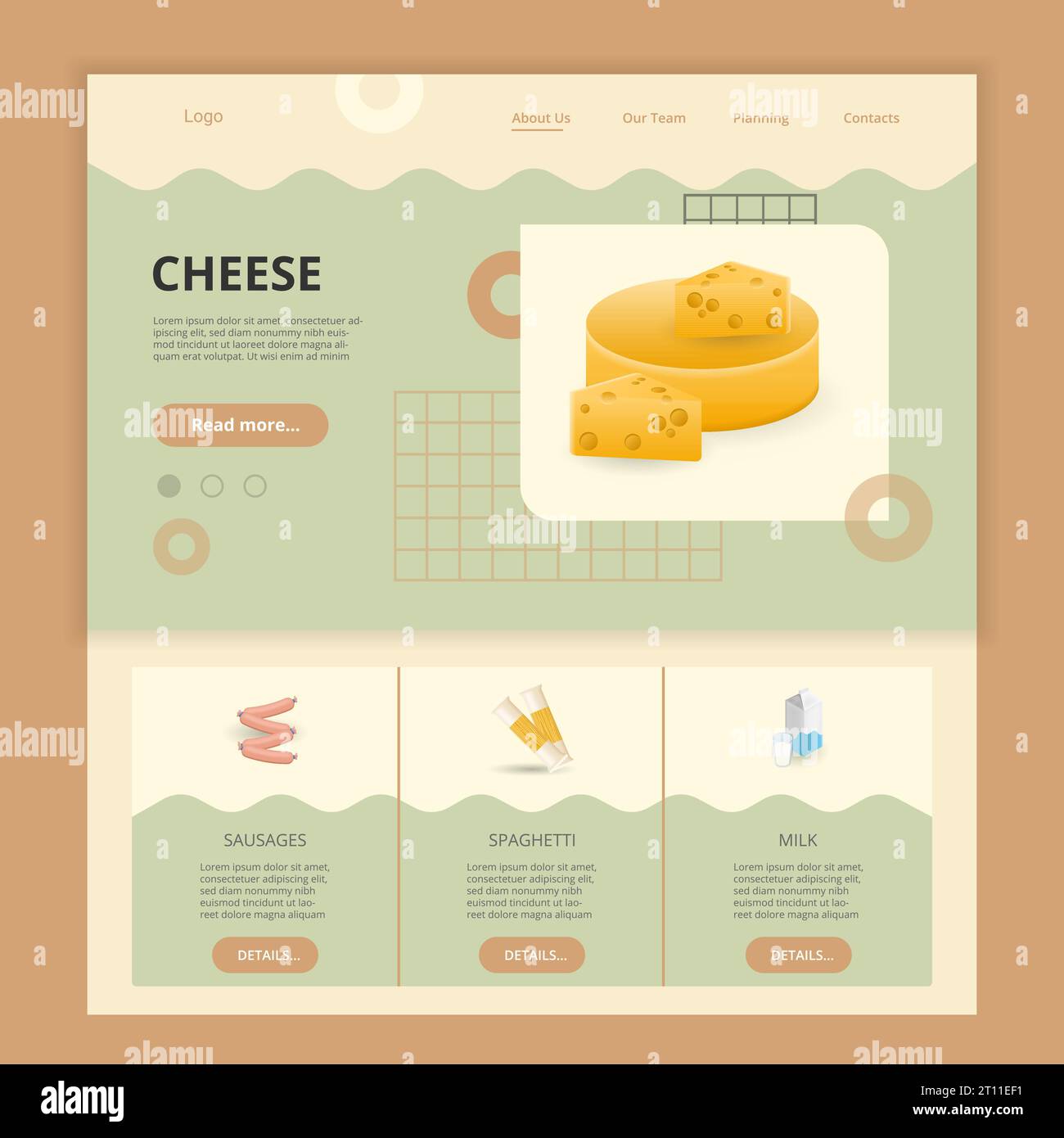 Cheese flat landing page website template. Sausages, spaghetti, milk ...