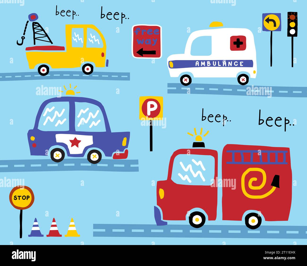 Vector set of hand drawn rescue vehicles cartoon in road with traffic ...