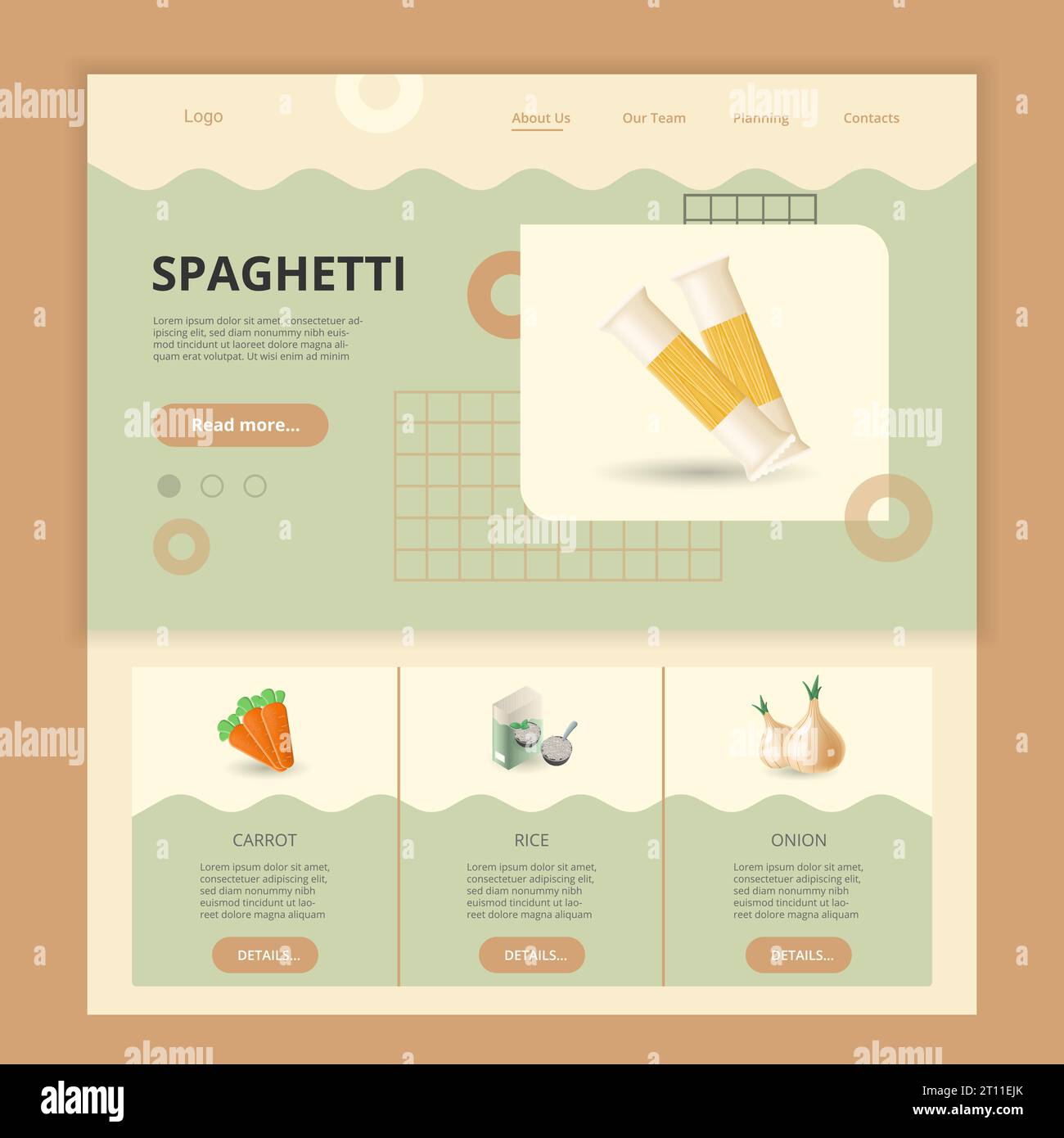 Spaghetti flat landing page website template. Carrot, rice, onion. Web ...