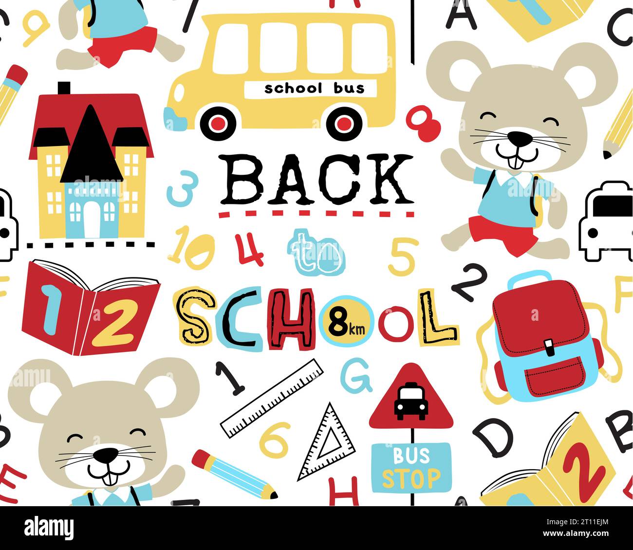 Seamless pattern vector of funny mouse cartoon with school supplies ...