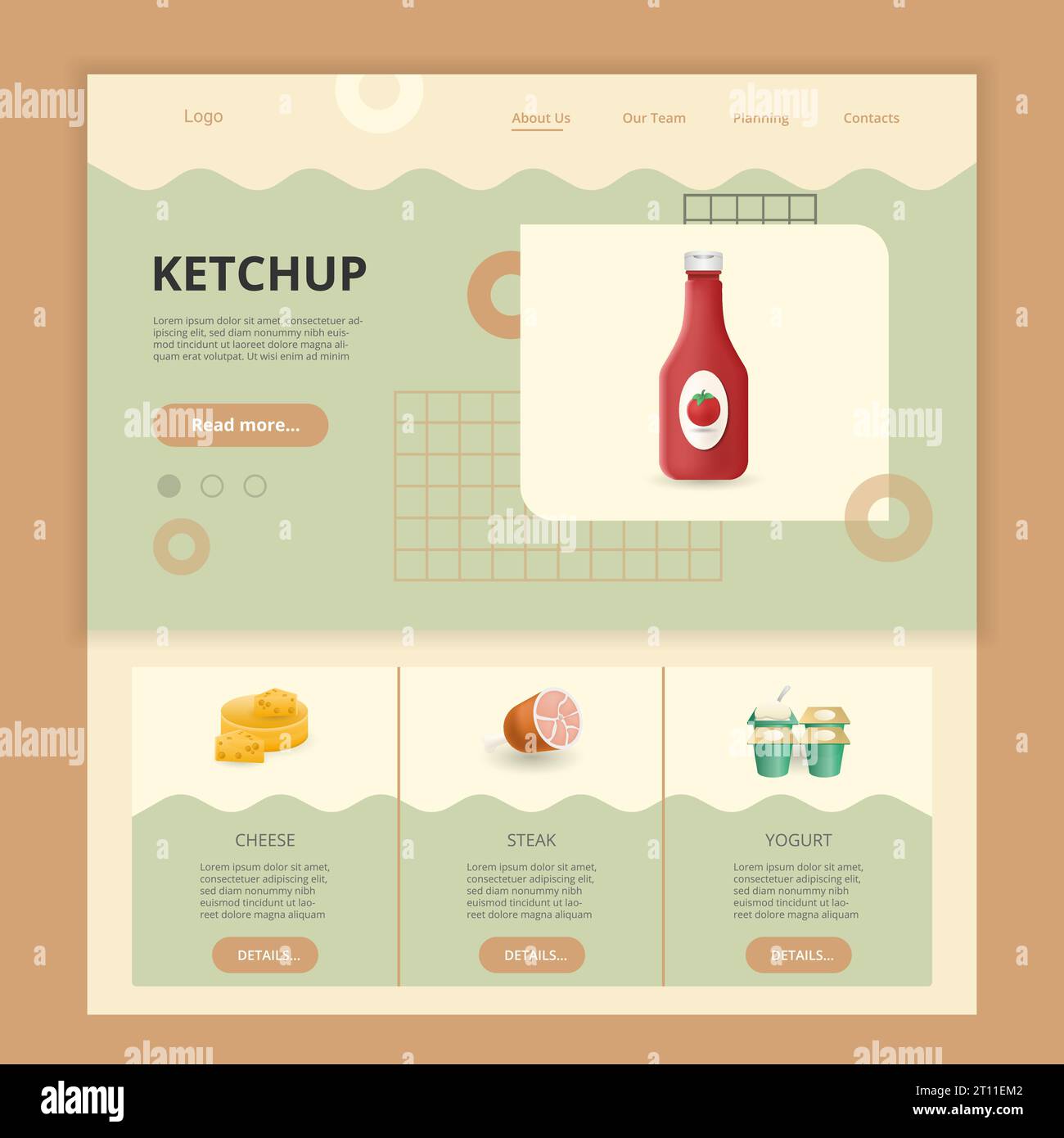 Ketchup flat landing page website template. Cheese, steak, yogurt. Web ...