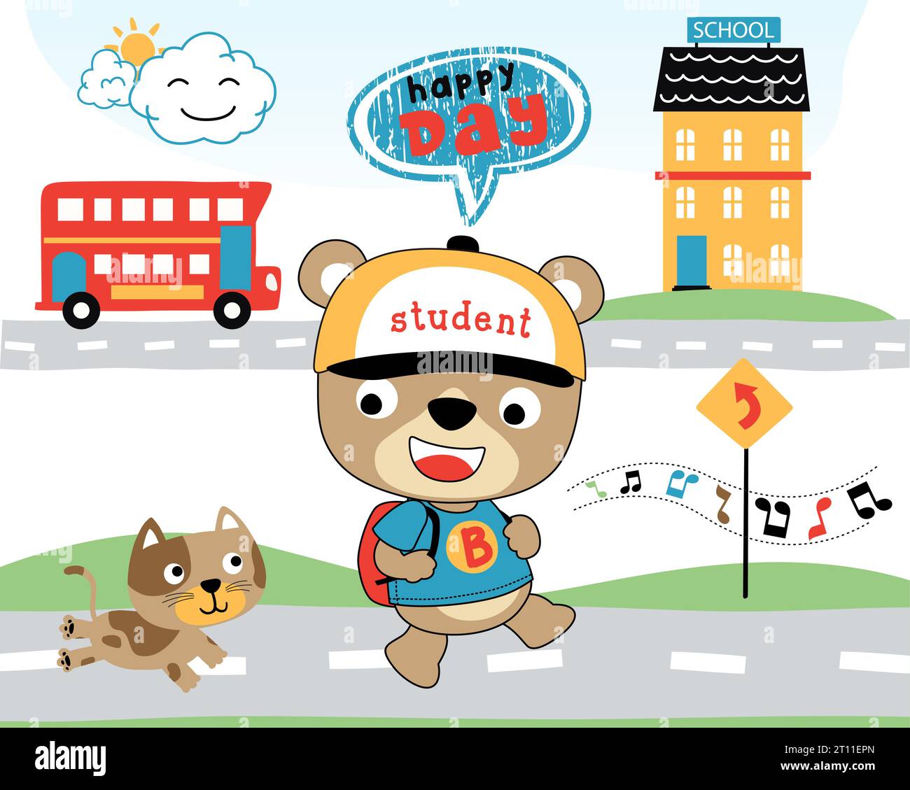Vector cartoon of funny bear with cat going to school, back to school ...