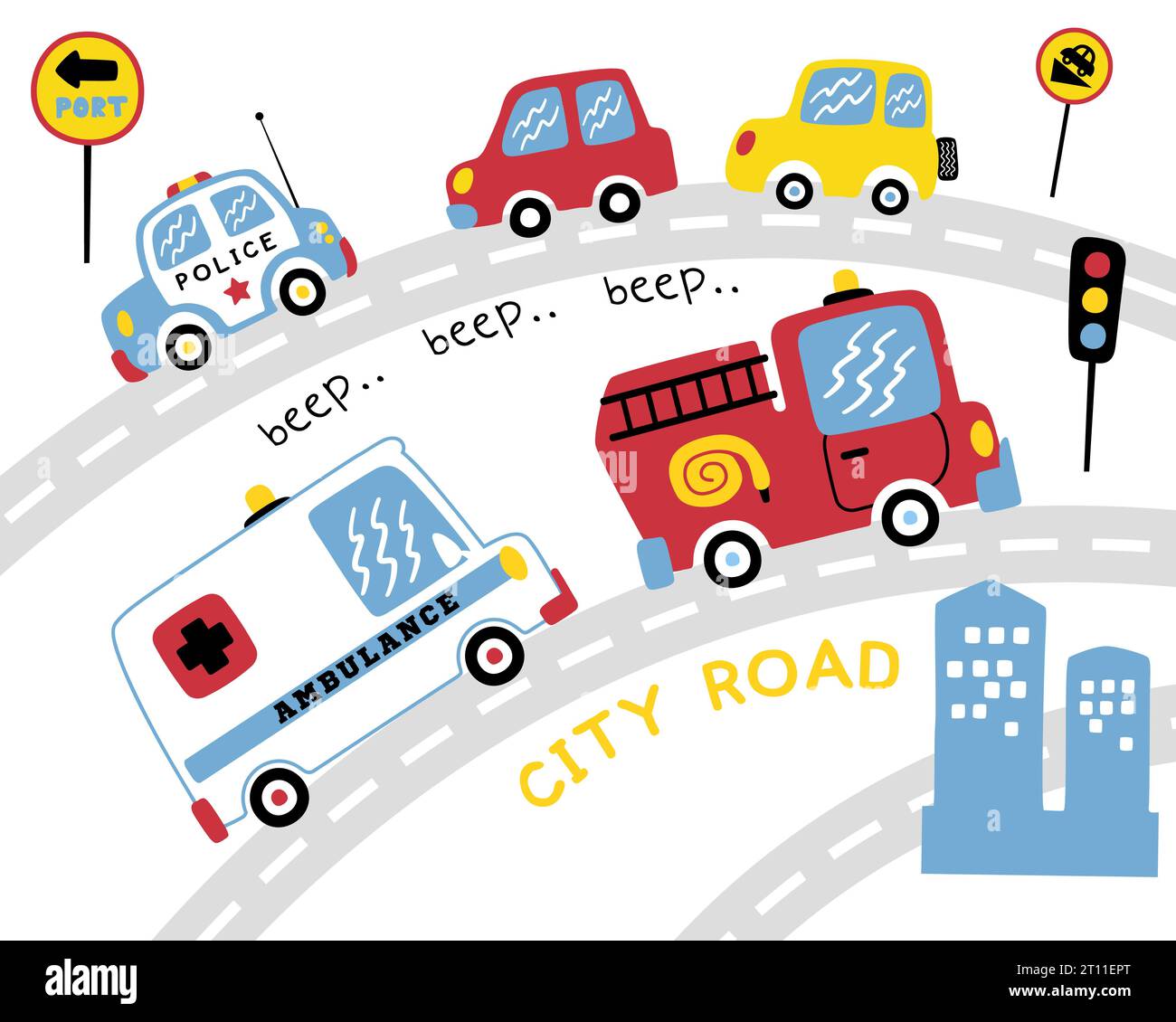 Vector set of various vehicles cartoon on the road, traffic elements ...