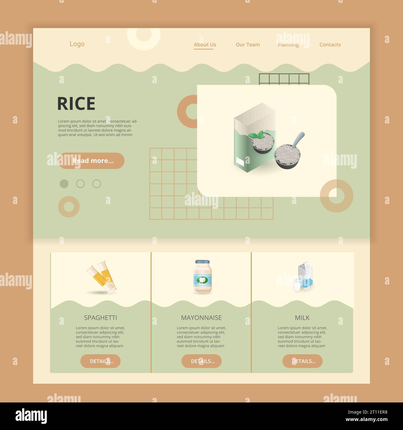 Rice flat landing page website template. Spaghetti, mayonnaise, milk ...