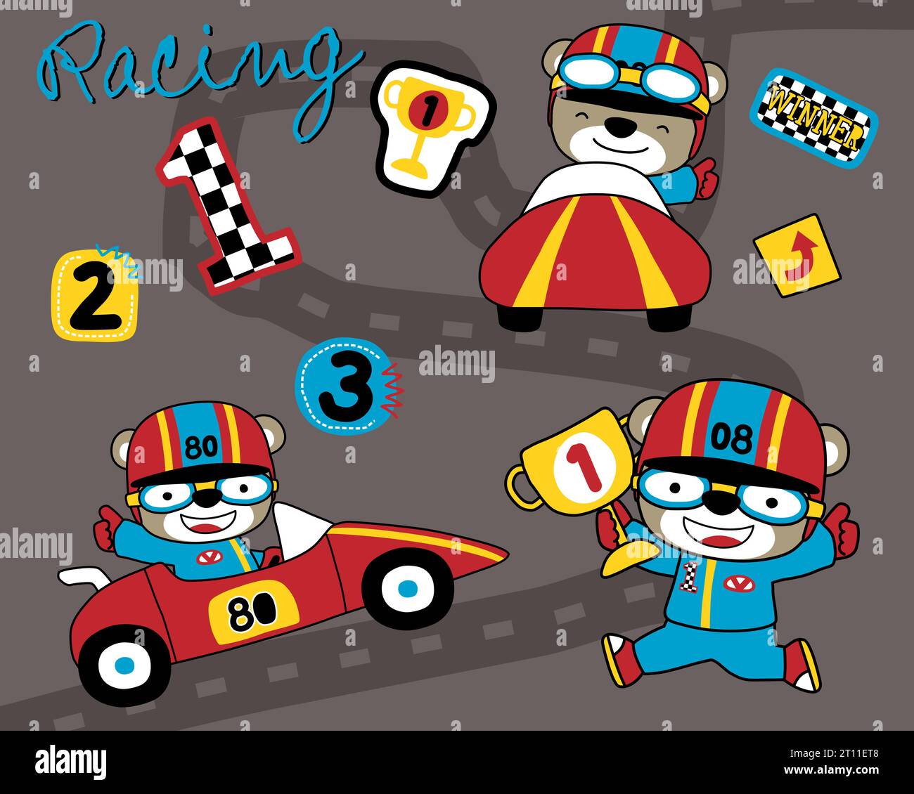 Vector set of funny bear cartoon in car racer costume, car racing ...