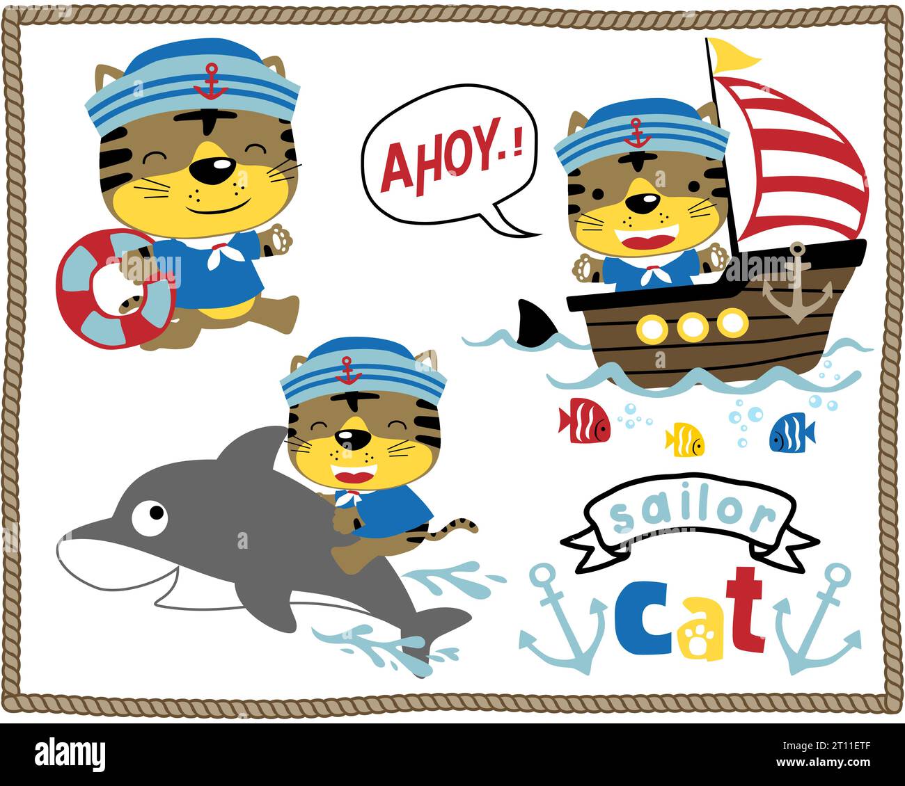 Vector set of little cat cartoon in sailor uniform, marine animals and ...