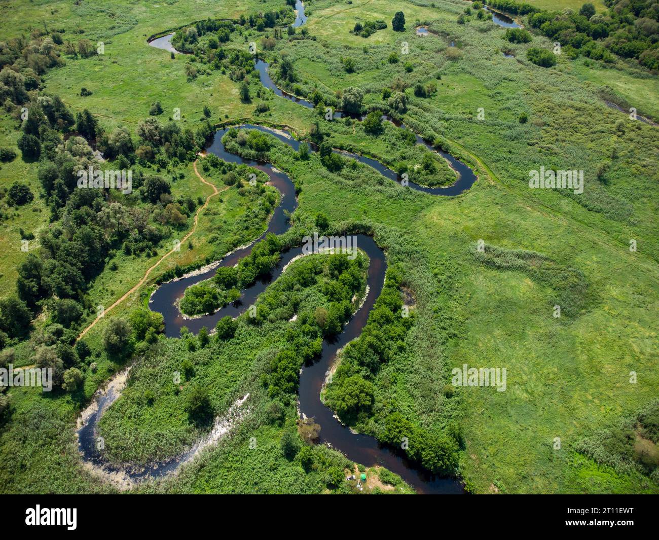 Aerial view over the river which is on the green forest. drone photo ...