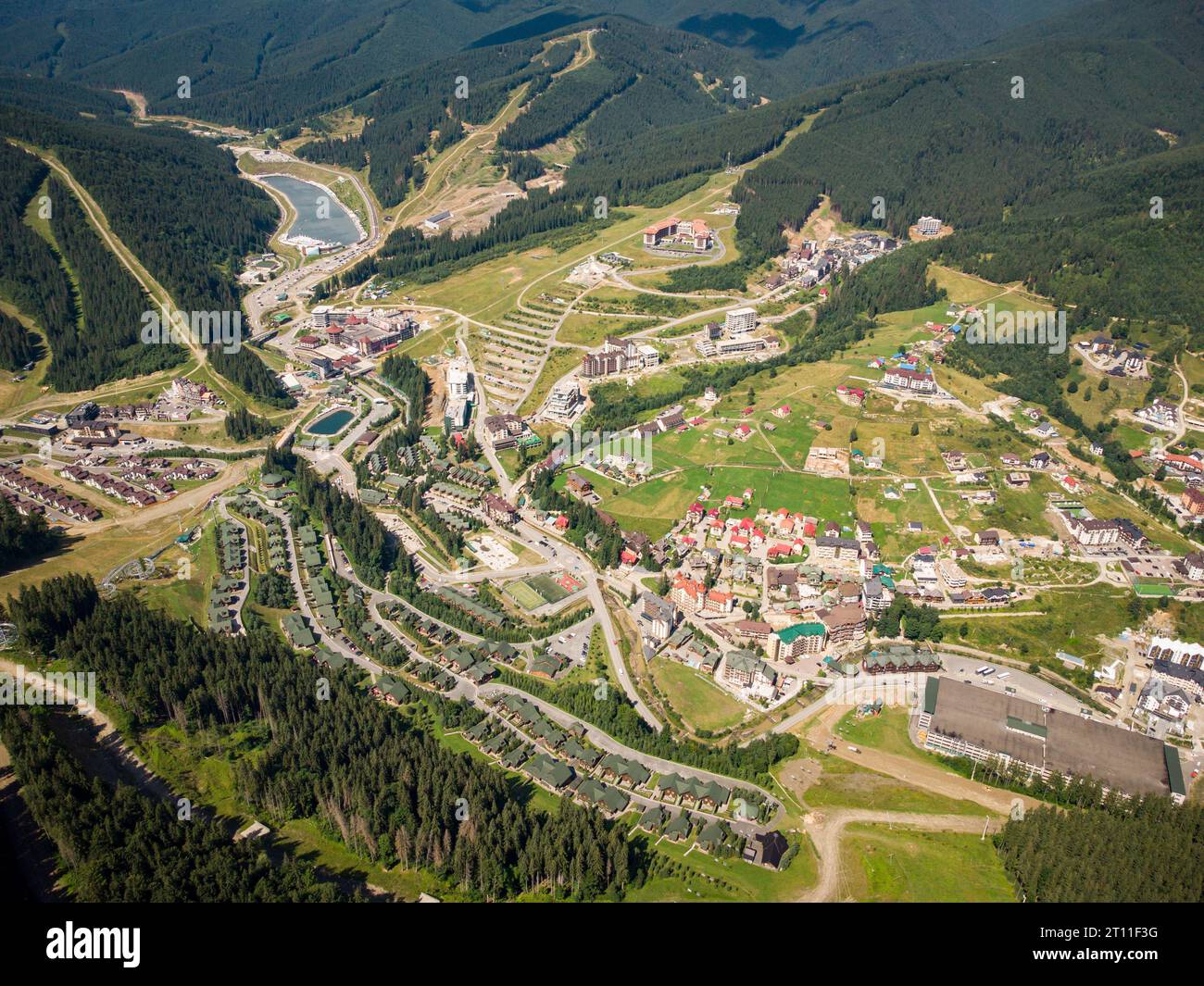 aerial drone view of bukovel in ukrainian carpathian mountains at ...