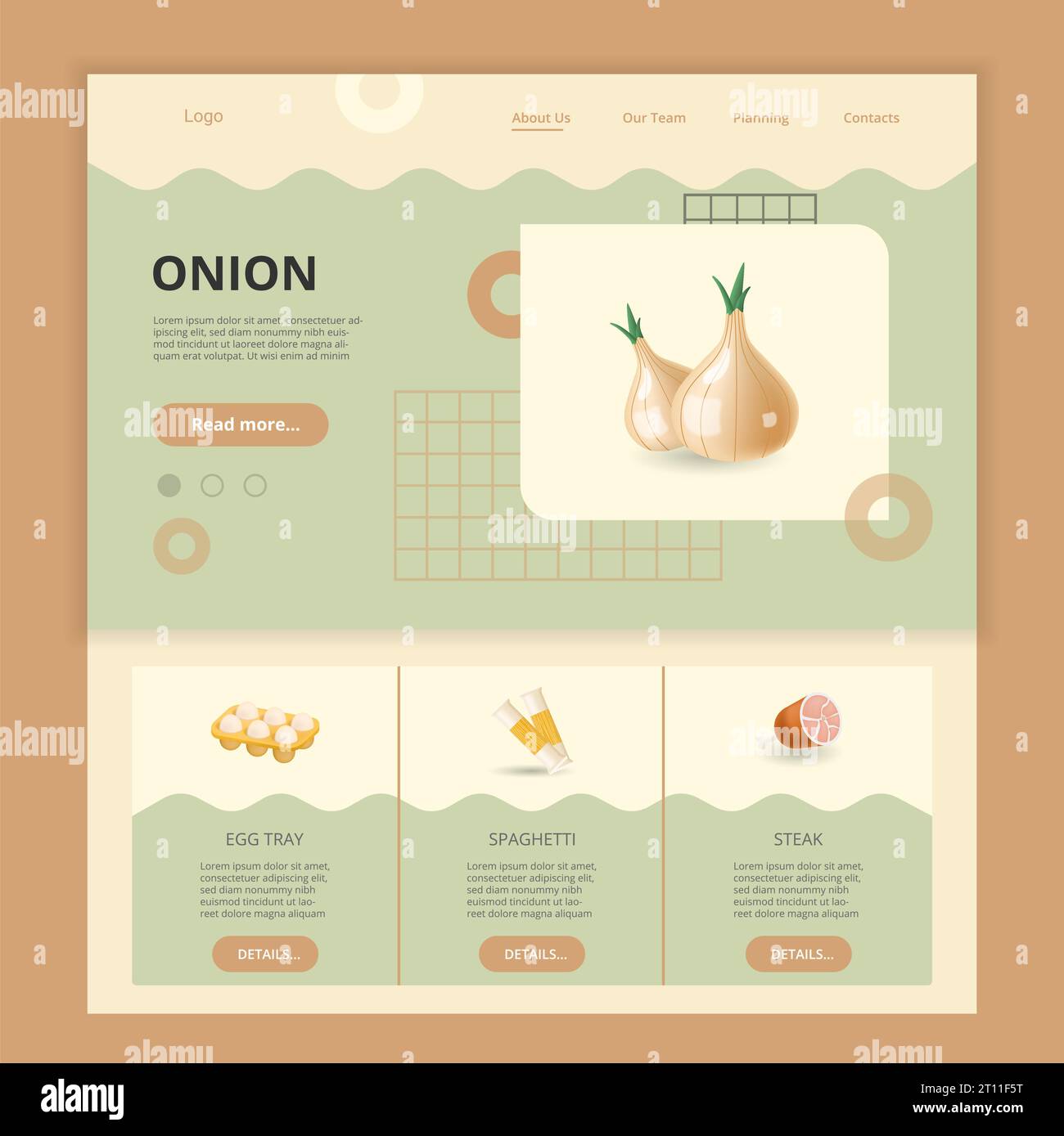 Onion flat landing page website template. Egg tray, spaghetti, steak ...