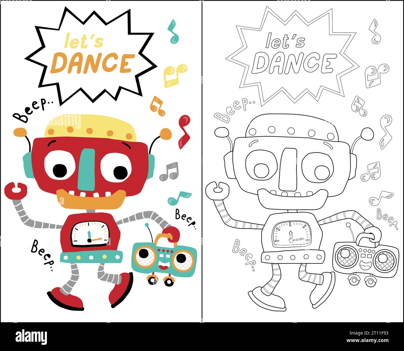 Vector of funny robot cartoon dancing while carrying tape recorder ...