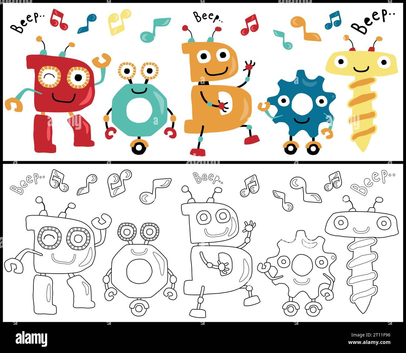 Vector set of robots alphabet cartoon, coloring book or page Stock ...