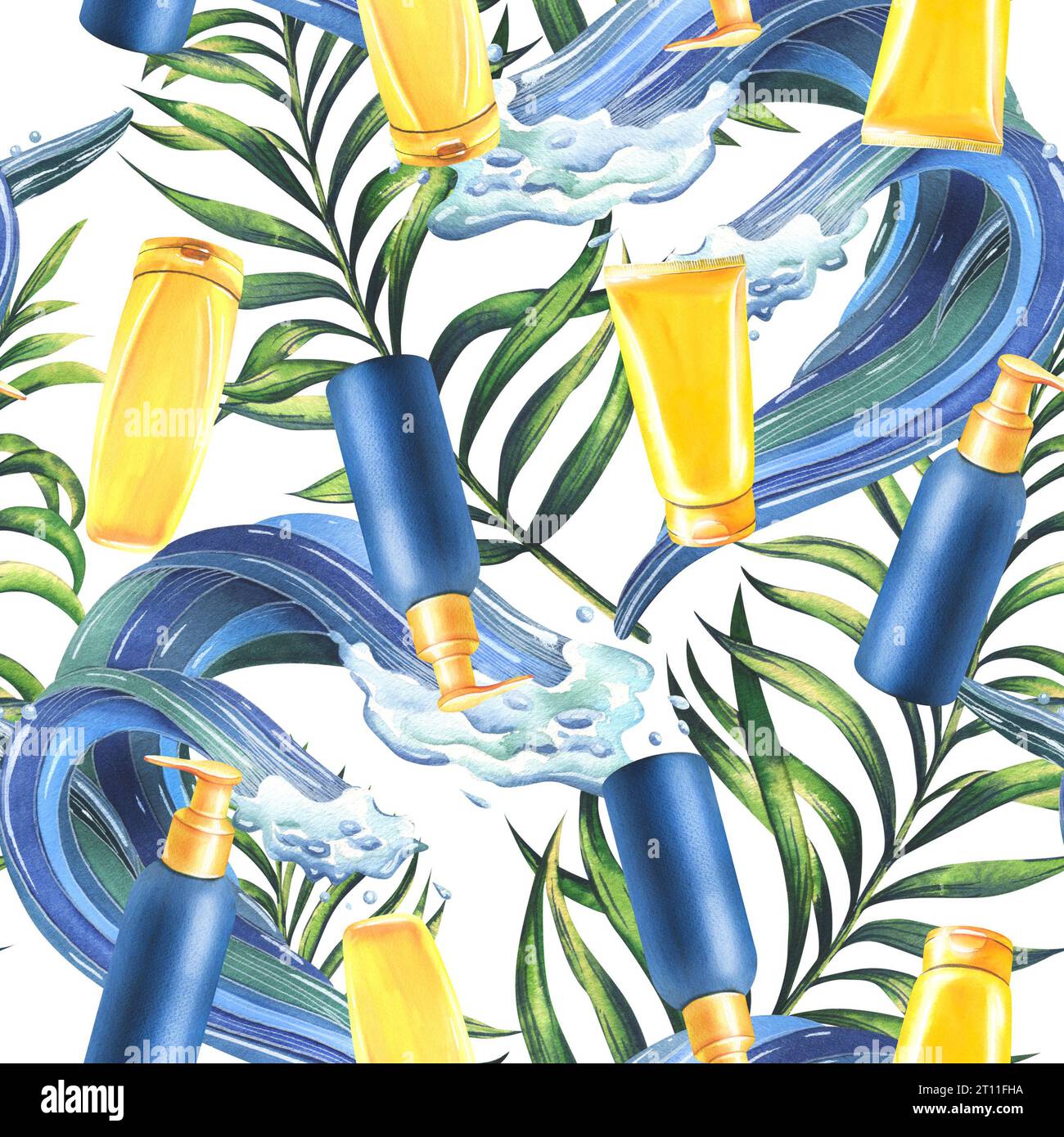 Sun and tanning creams blue and yellow with sea wave and tropical palm ...