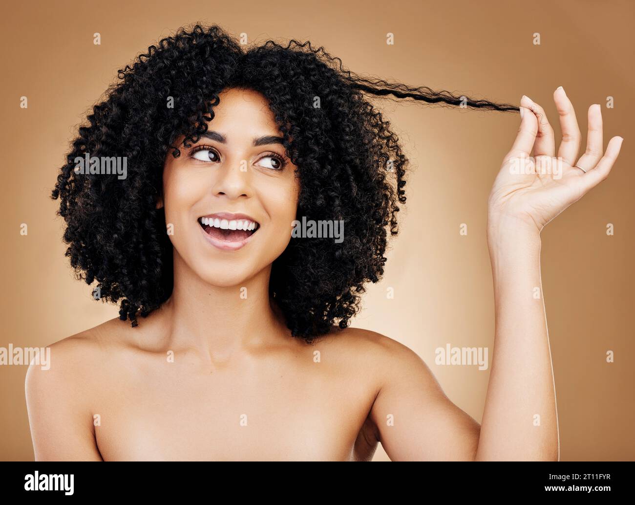 Curly hair, strand and woman in studio for beauty, healthy growth or natural coil textures on ...