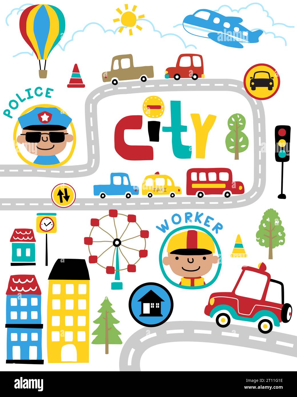 Vector set of cityscape elements cartoon with funny cop and worker ...