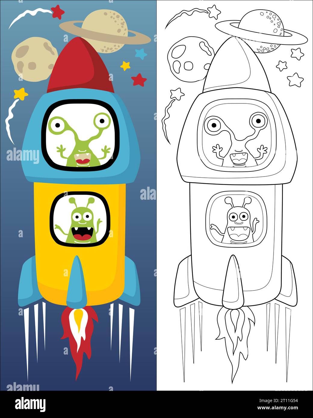 Vector illustration of aliens cartoon in rocket on planets background ...
