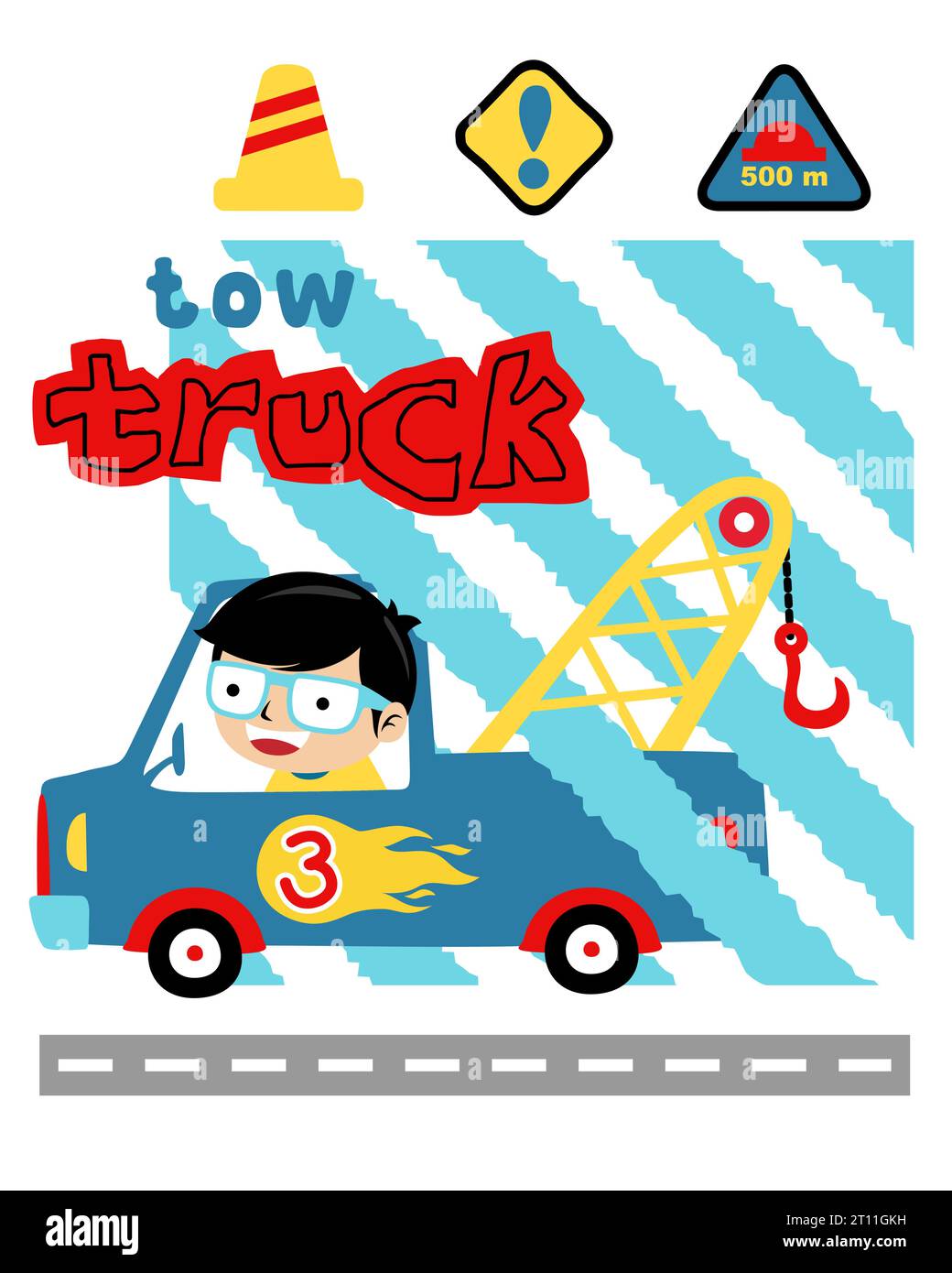 Vector illustration of boy on tow truck cartoon with traffic signs ...